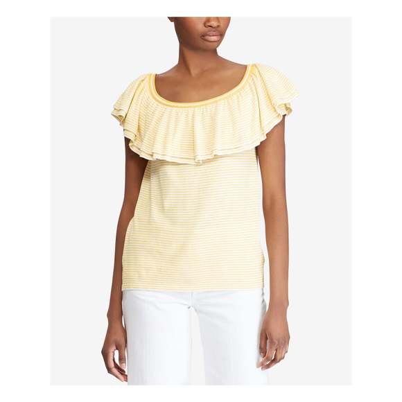 Tops | Lauren Ralph Lauren Womens Yellow Ruffled Striped Scoop Neck Top ...